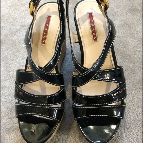 Prada | Shoes | Prada Cork Wedge Blk Patleath Sandals | Poshmark